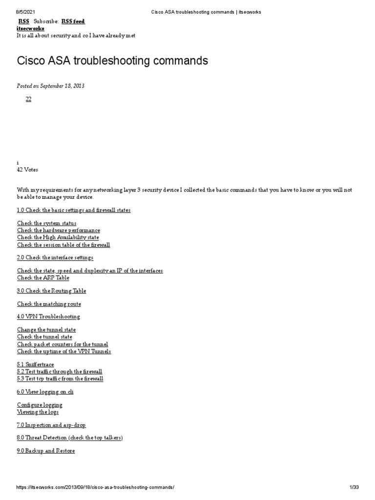 Cisco ASA Troubleshooting Commands - Itsecworks | PDF | Transmission ...