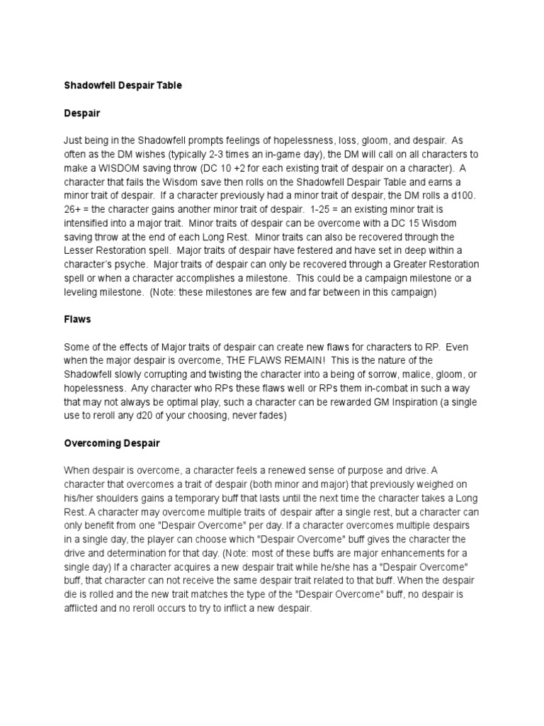 Shadowfell Despair Table Despair | PDF