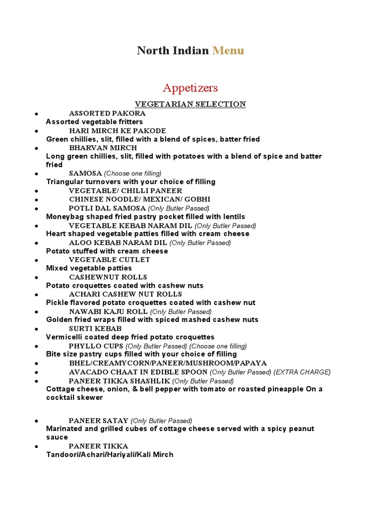 North Indian Menu Dishes | PDF | Kebab | Curry