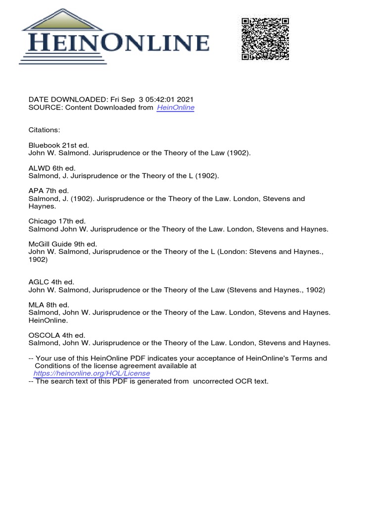 John W. Salmond. Jurisprudence or The Theory of The Law | PDF ...