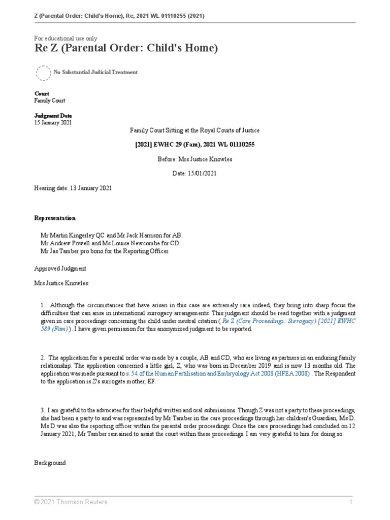 Z (Parental Order Childs Home) Re | PDF | Domicile (Law) | Surrogacy