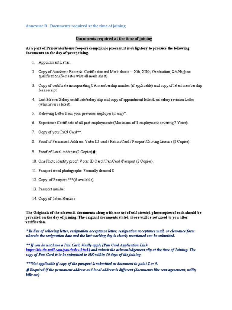 Annexure D - Documents Required at The Time of Joining | PDF