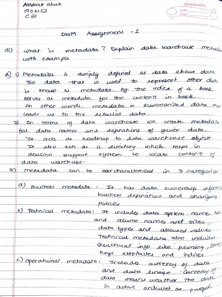 Dwm Assignment 1 Pdf Metadata Information Management