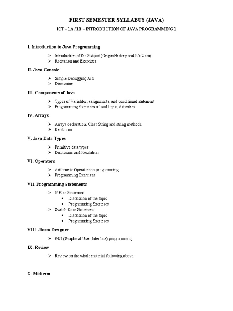 Syllabus Introduction Of Java 1st Semester Pdf 2460