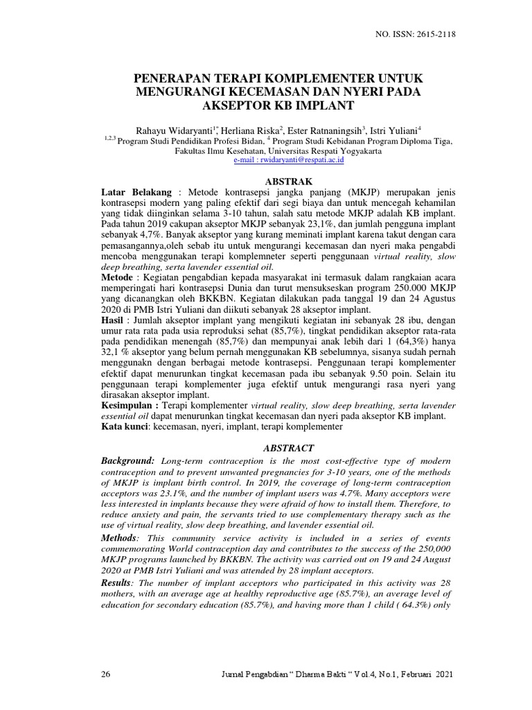 Penerapan Terapi Komplementer Untuk Mengurangi Kecemasan Dan Nyeri Pada Akseptor KB Implant | PDF