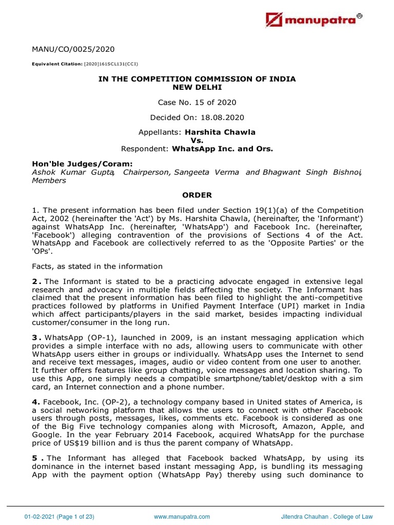 Harshita - Chawla - Vs - WhatsApp - Inc - and - Ors (CCI) | PDF | Facebook
