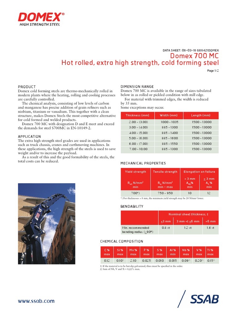 Domex 700 MC Hot Rolled, Extra High Strength, Cold Forming Steel | PDF ...