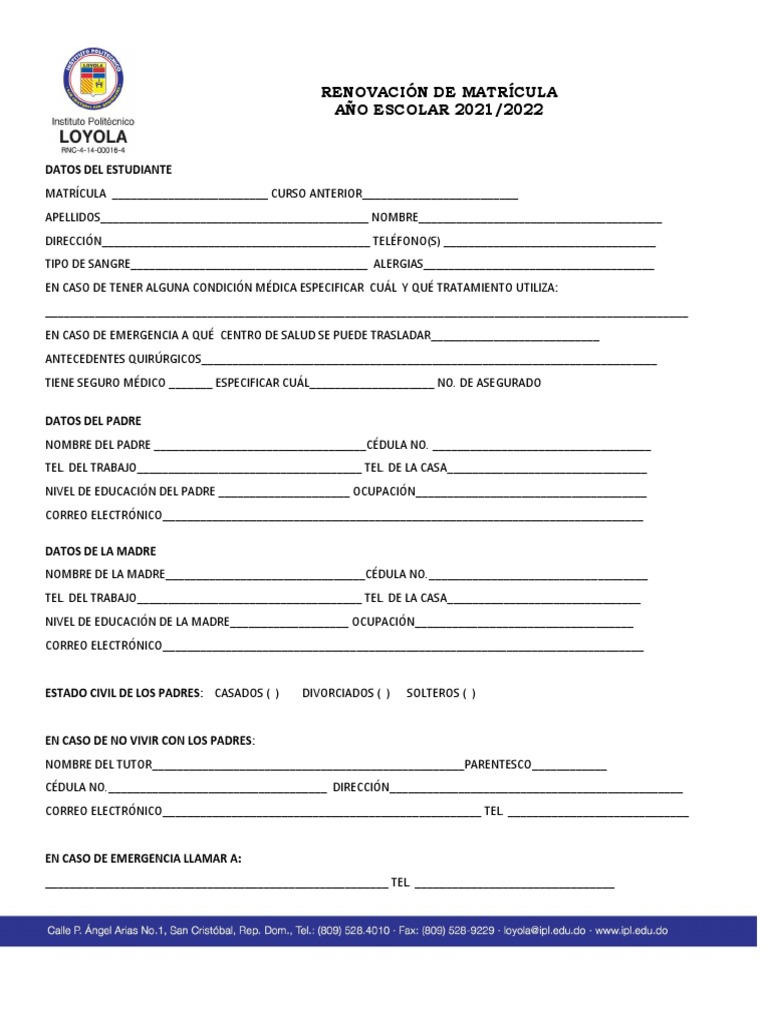 Formulario Renovación de Matricula | PDF