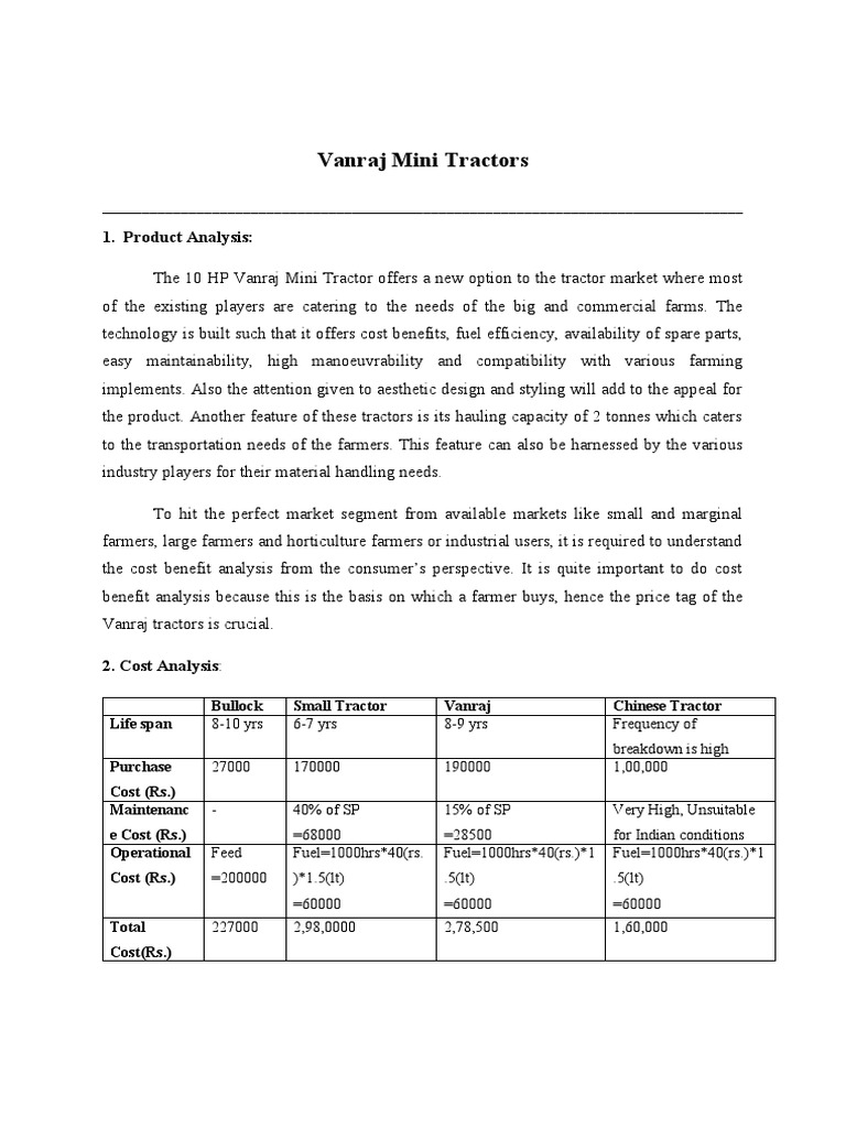 Vanraj Mini Tractors: 1. Product Analysis | PDF | Tractor | Cost