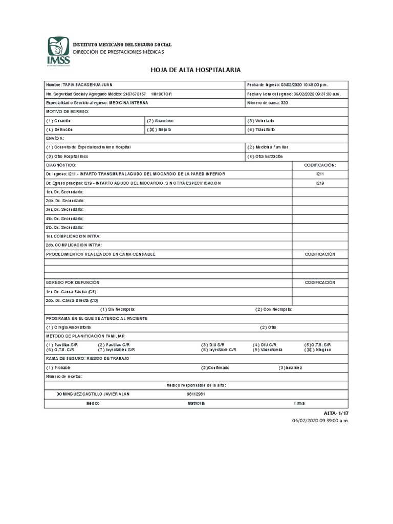 Hoja de Alta Hospitalaria | PDF | Hospital | Especialidades Medicas