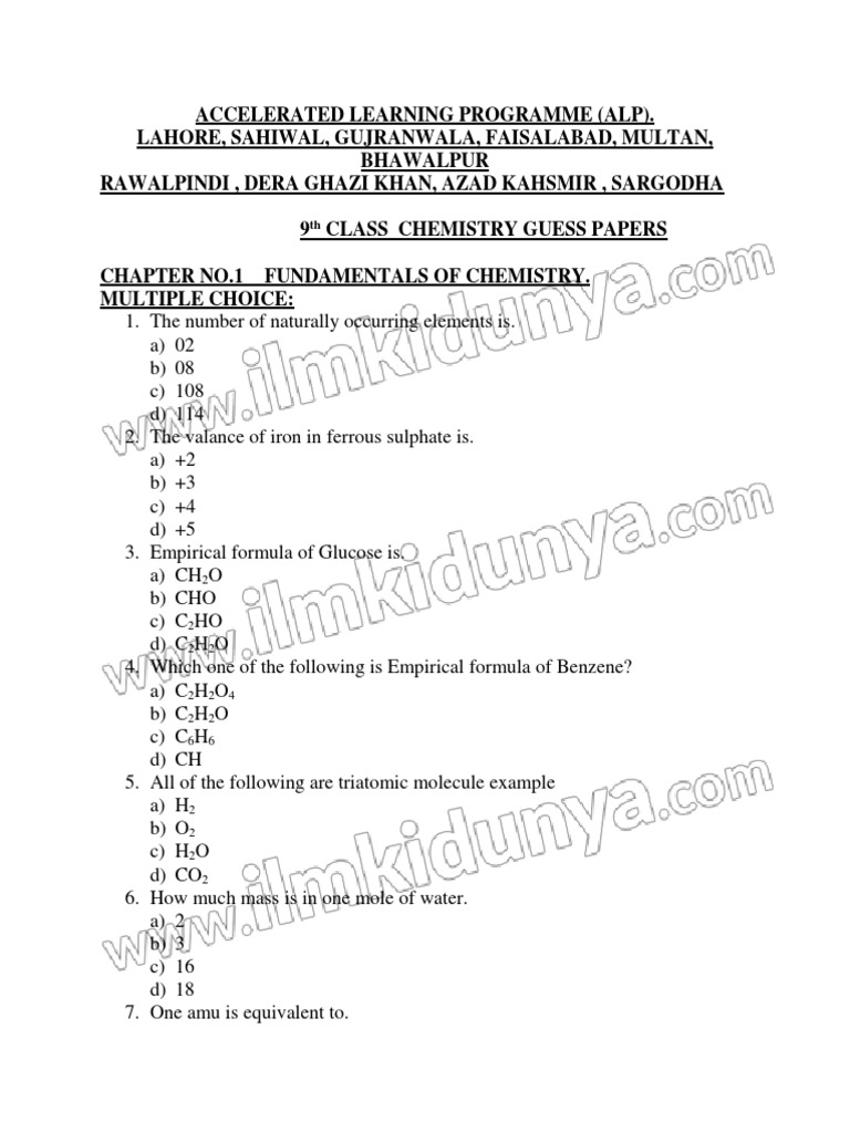 9TH Class Chemistry Guess Paper | PDF | Solution | Chemical Bond