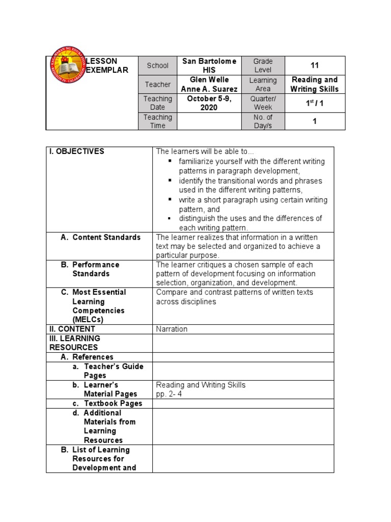 Writing Patterns in Paragraph Development | PDF | Learning | Teachers