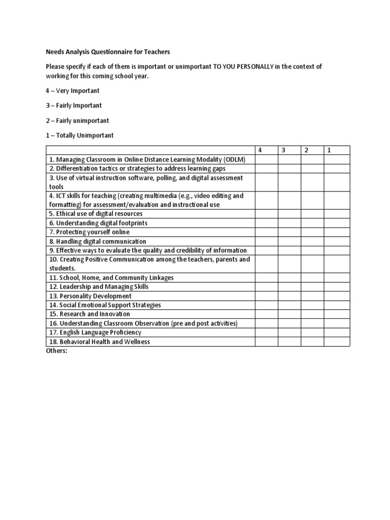 Needs Analysis Questionnaire For Teachers | PDF