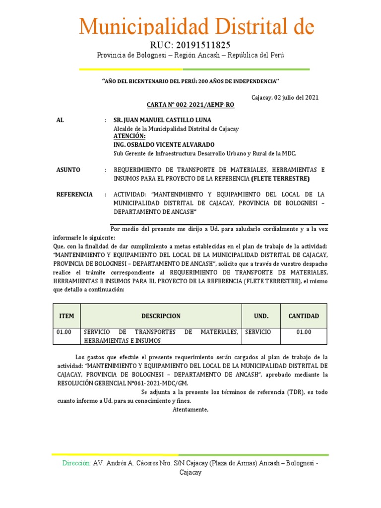 Carta N°002-2021 Requerimiento Flete Terrestre | PDF | Economias