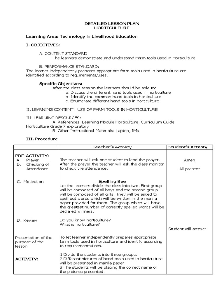 Detailed Lesson Plan Horticulture Learning Area: Technology in ...
