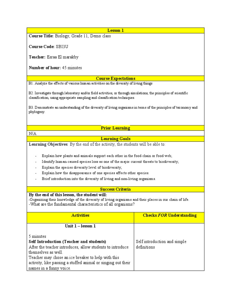DEMO Lesson Plan SBI3U | PDF | Biodiversity | Taxonomy (Biology)