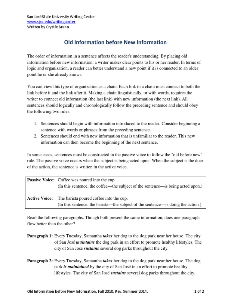 Old Before New Information in Writing | PDF | Sentence (Linguistics ...