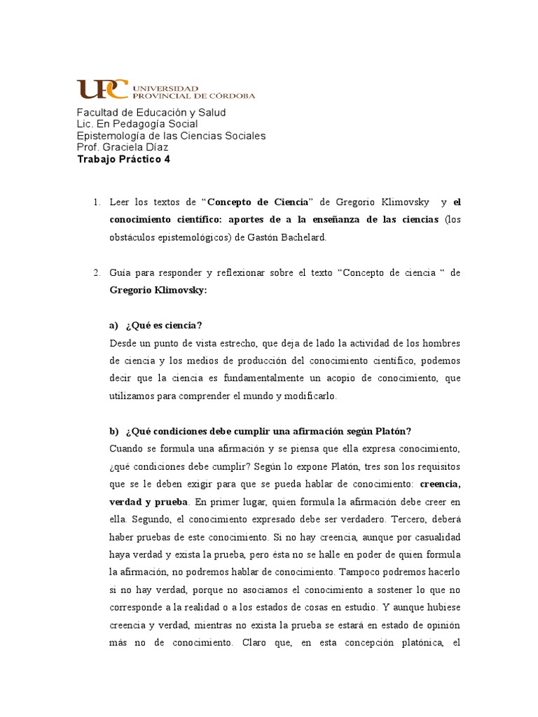Trabajo Practico 4 Klimovsky Y Bachelard | PDF | Verdad | Conocimiento