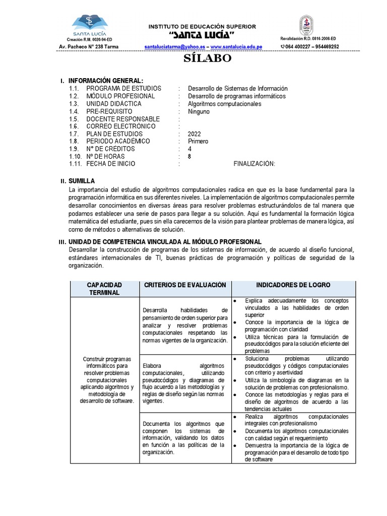 Sílabo Algoritmos Computacionales | PDF | Algoritmos | Software