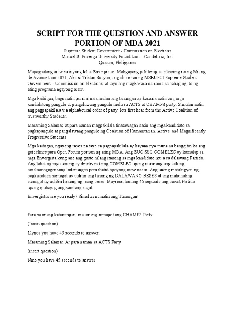 Script For The Question and Answer Portion of Mda 2021 | PDF