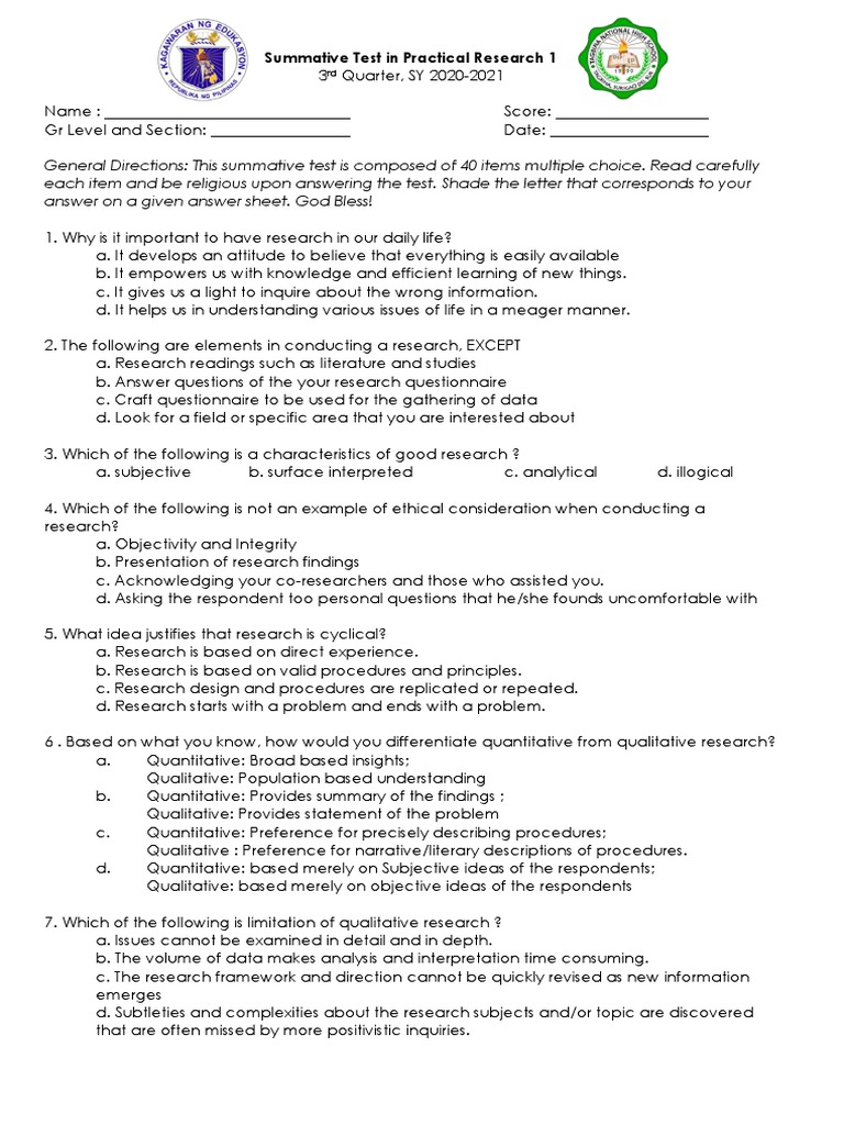 Practical Research 1 Summative Test | PDF | Qualitative Research ...