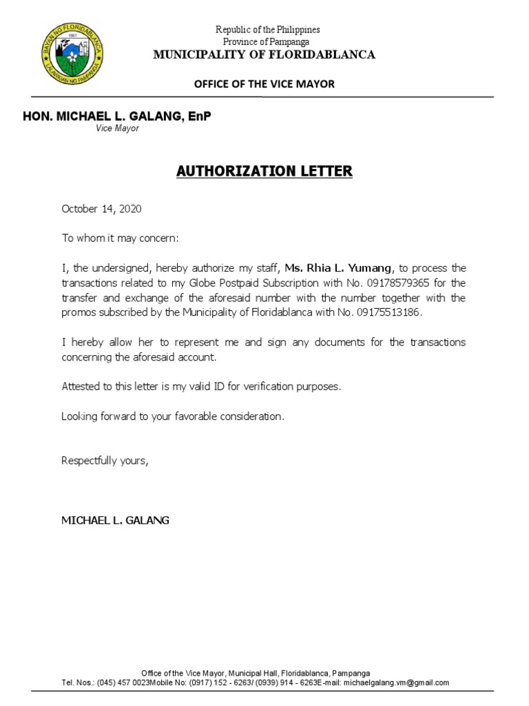 Authorization to Process Globe Postpaid Account Transfer and Exchange ...