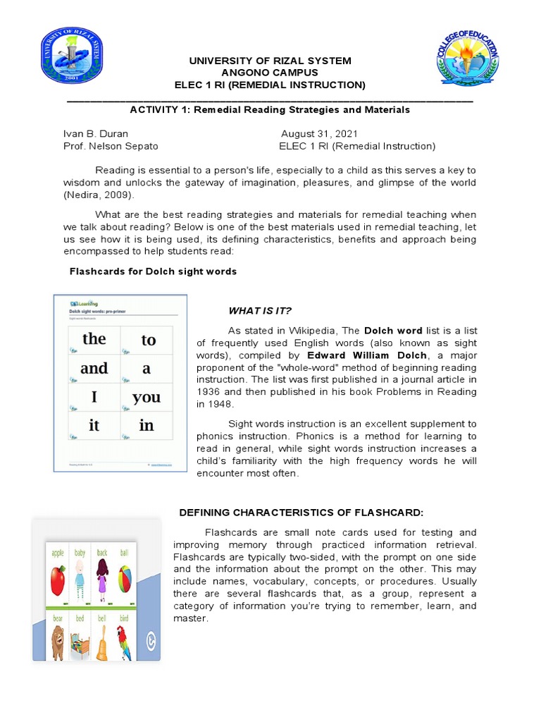 Remedial Reading Strategies and Materials: Using Flashcards for Dolch ...