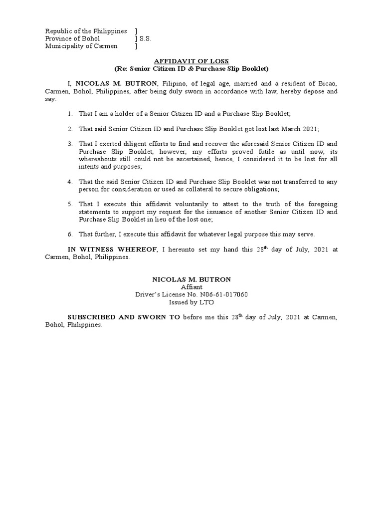 Loss Senior Citizen Id & Purchase Slip Booklet - Butron | PDF