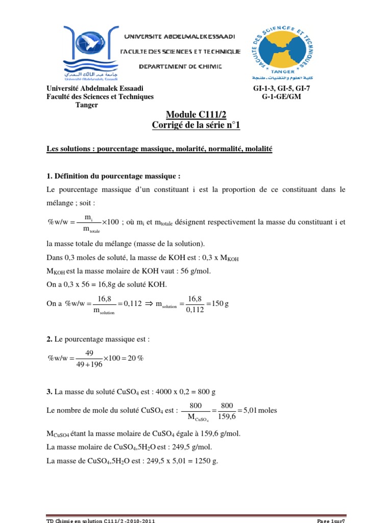 Exercices sur normalité et molarité | PDF | Concentration molaire ...