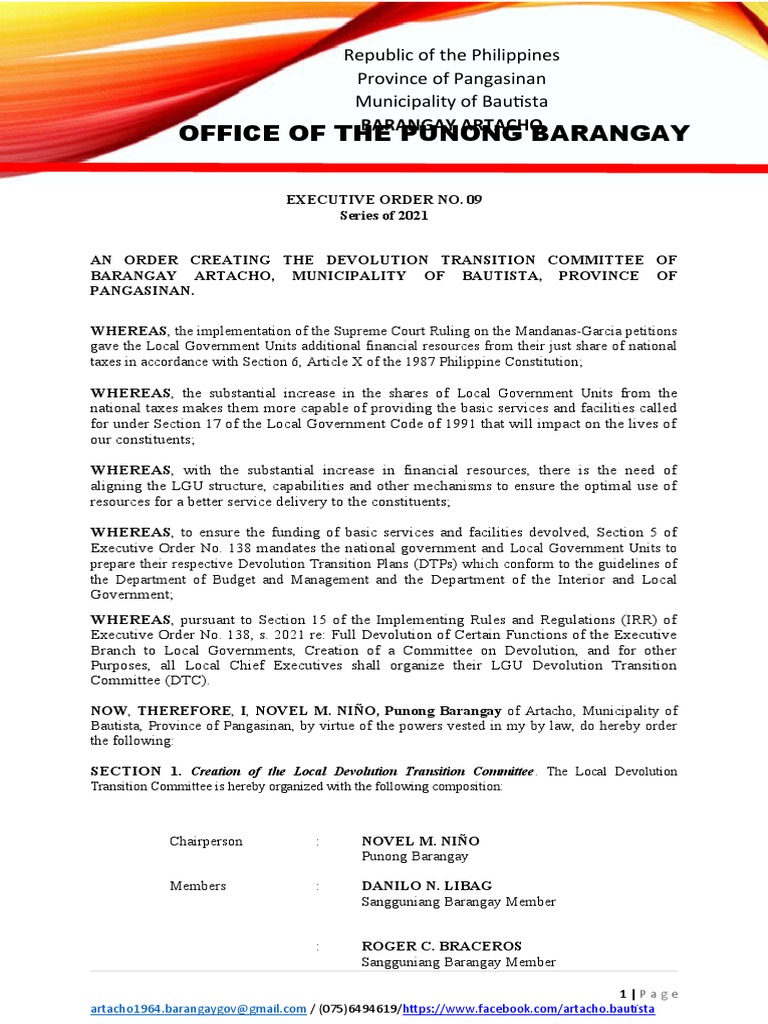 Executive Order No. 9, 2021 Devolution Transition Committee | PDF | Local Government | Non ...