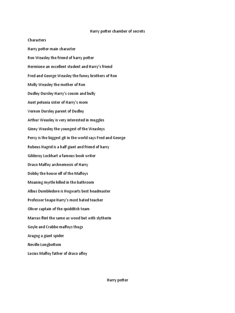 Chamber of Secrets Overview and Characters | PDF