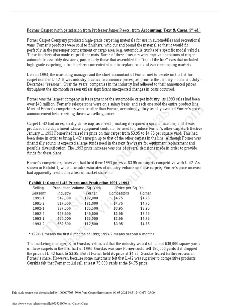 Forner Carpet Pricing Strategy Analysis | PDF | Car | Pricing