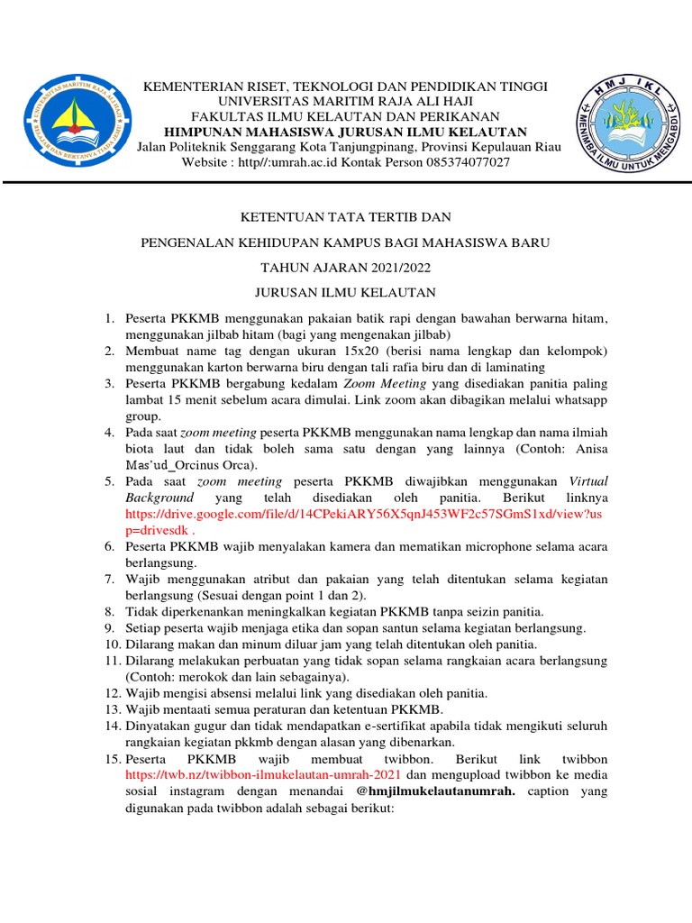 Ketentuan, Tata Tertib, Rundown, Pembagian Kelompok PKKMB Ikl 2021 | PDF