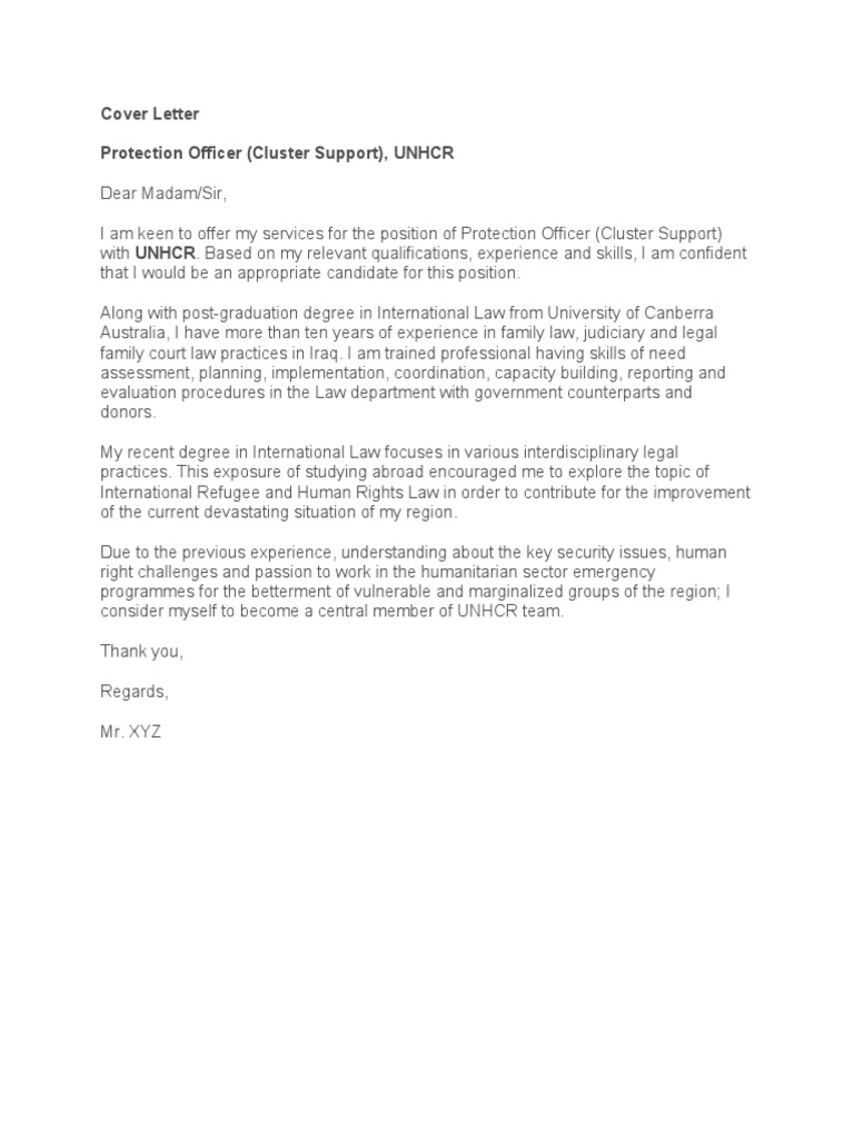 Cover Letter Protection Officer (Cluster Support), UNHCR | PDF | Social ...