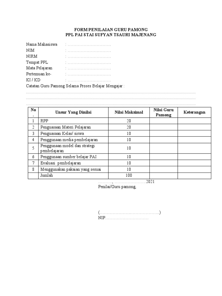Form Penilaian PPL Pai Utk Guru Pamong A | PDF