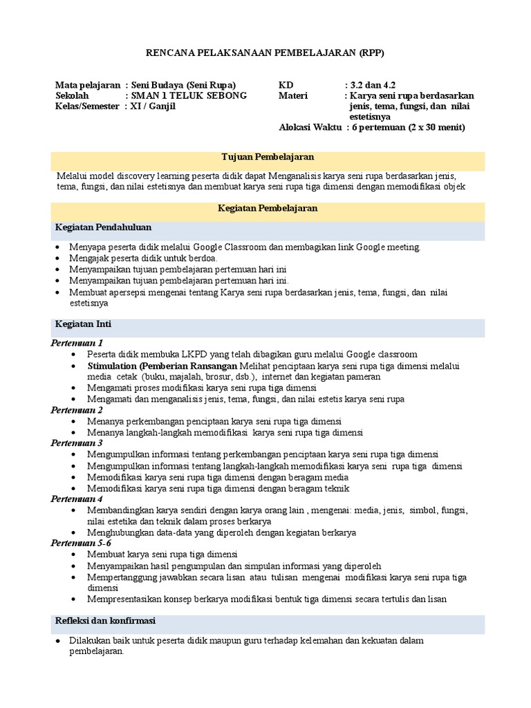 RPP Karya Seni Rupa Berdasarkan Jenis, Tema, Fungsi, Dan Nilai ...