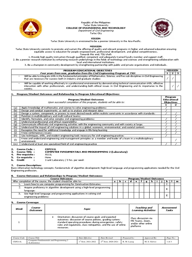 CEP211L - Computer Fundamentals and Programming 2 (Laboratory ...