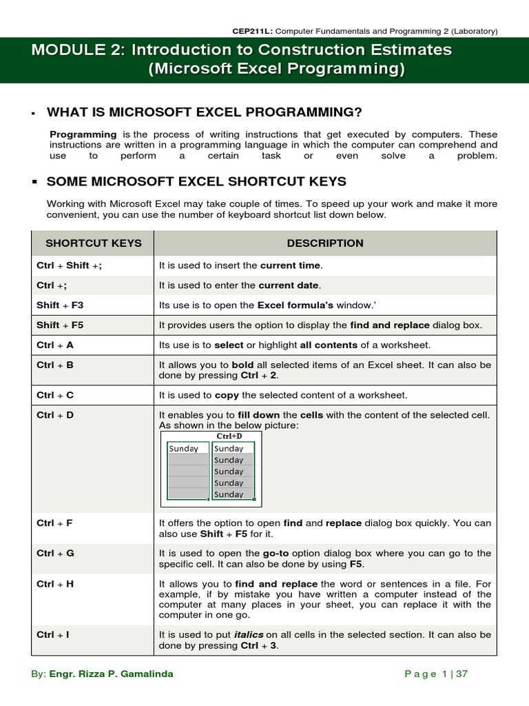 MODULE 2 Introduction To Construction Estimates Microsoft Excel 