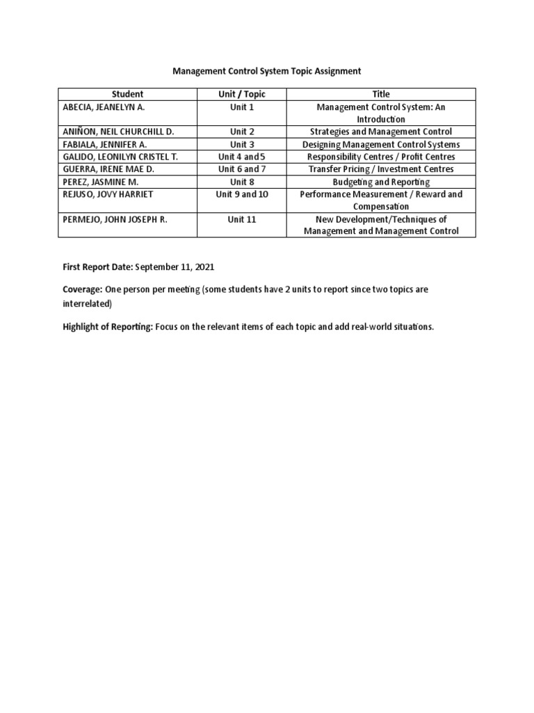 Management Contol Systems Topic Assignment | PDF