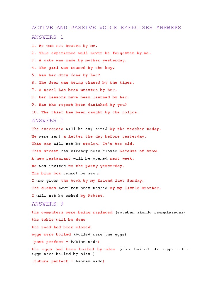 Active and Passive Voice Exercises Answers | PDF