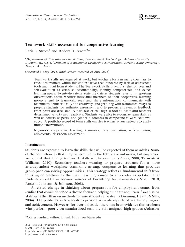 Teamwork Skills Assessment For Cooperative Learning: ISSN 1380-3611 ...