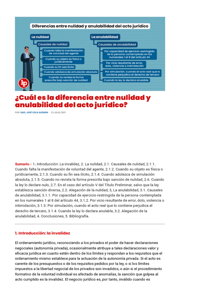 ¿Cuál Es La Diferencia Entre Nulidad y Anulabilidad Del Acto Jurídico - LP | PDF | Nulo (ley ...