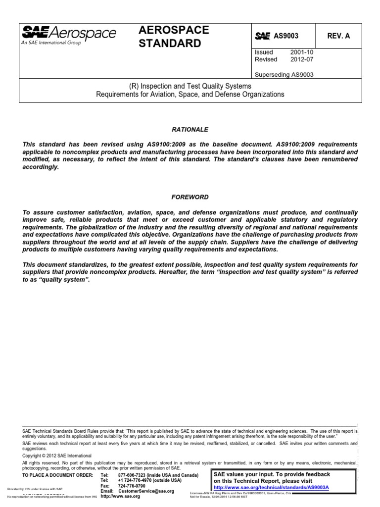 Aerospace Standard: (R) Inspection and Test Quality Systems ...
