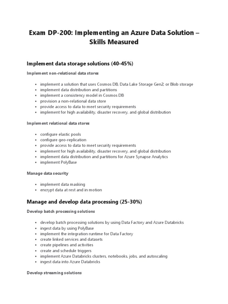 Exam DP-200: Implementing An Azure Data Solution - Skills Measured | PDF | Software | Computer ...