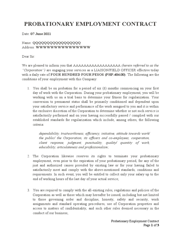 Probationary Employment Contract | PDF | Confidentiality | Employment