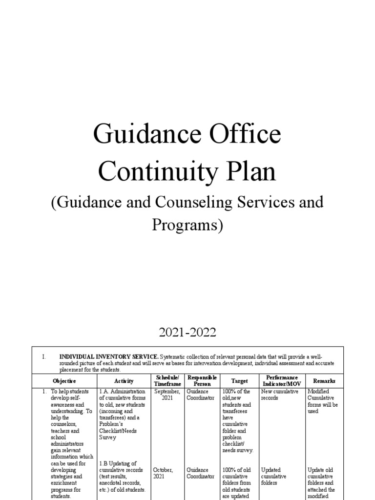 Guidance Office Continuity Plan: (Guidance and Counseling Services and ...