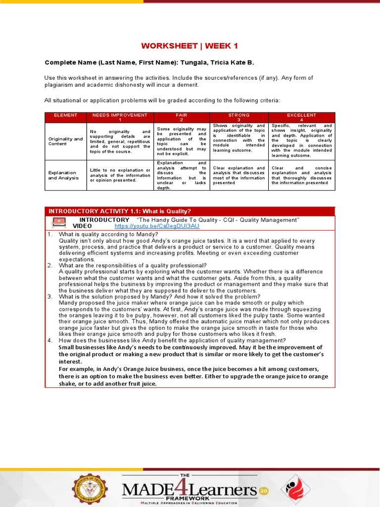 Worksheet - Week 1: Complete Name (Last Name, First Name) : Tungala ...