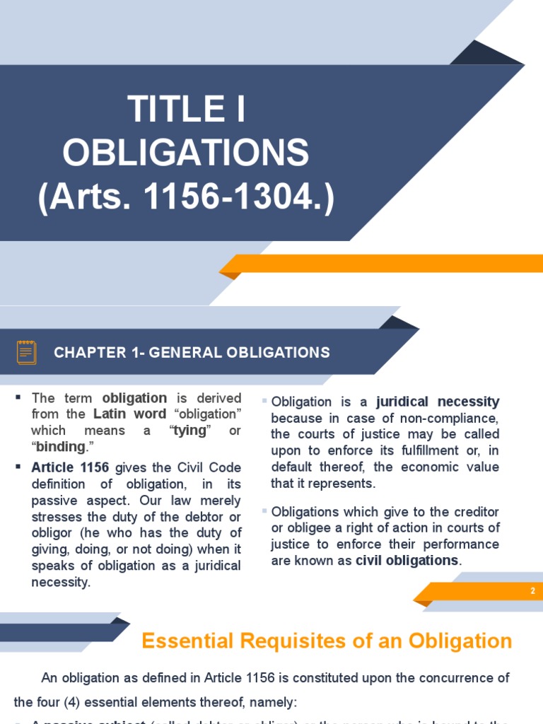 Title I Obligations (Arts. 1156-1304.) | PDF | Negligence | Law Of Obligations