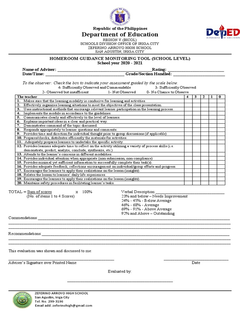Homeroom Guidance Monitoring Tool 2021 | PDF | Learning | Educational ...