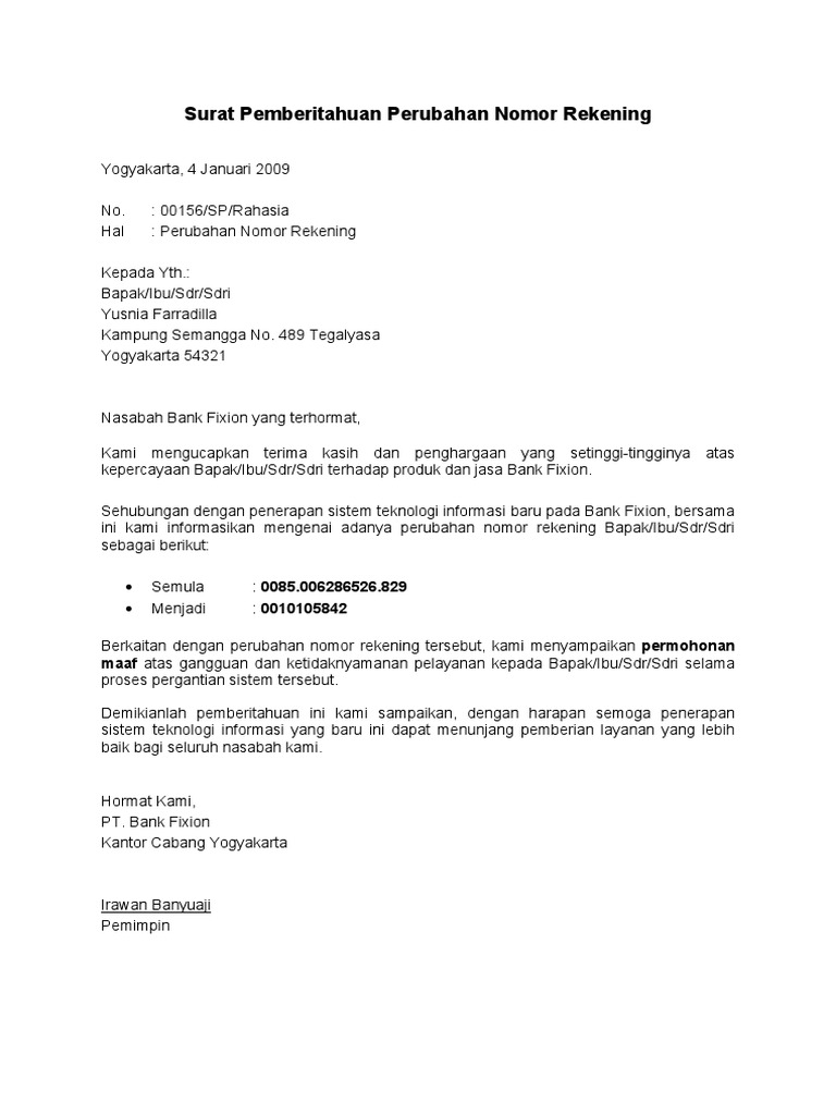 Surat Pemberitahuan Perubahan Nomor Rekening | PDF